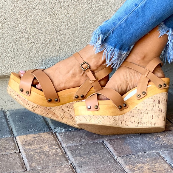Flogg | Shoes | Flogg Cognac Genuine Leather Cork Platform Wedge | Poshmark